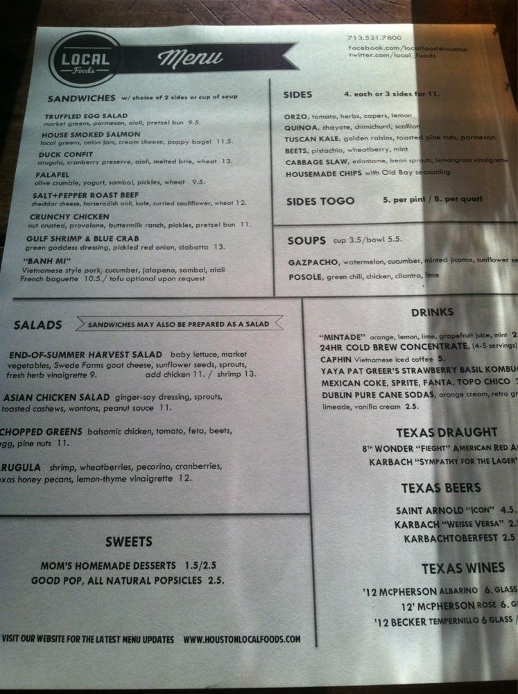 Menu at Local Foods - Rice Village restaurant, Houston