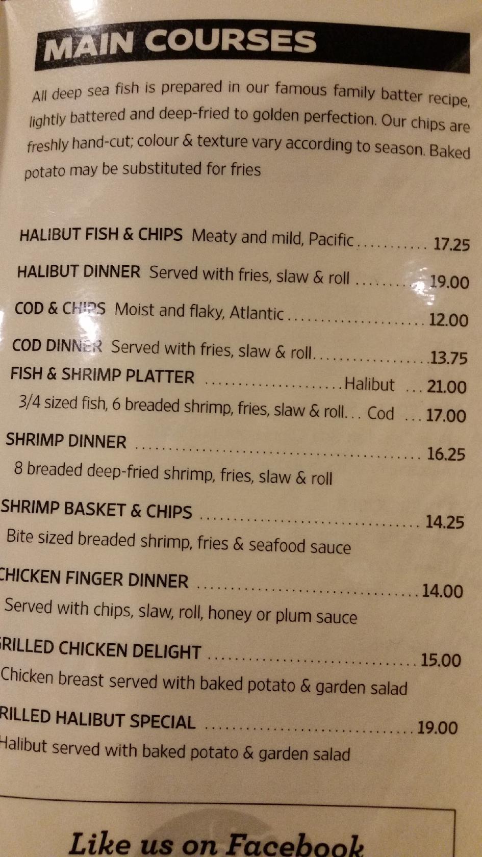 Menu at Lord Elgin Fish & Chips restaurant, Saugeen Shores