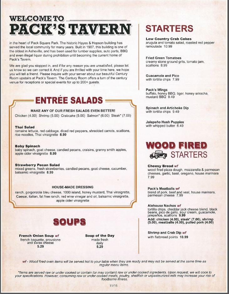 Menu at Pack's Tavern pub & bar, Asheville
