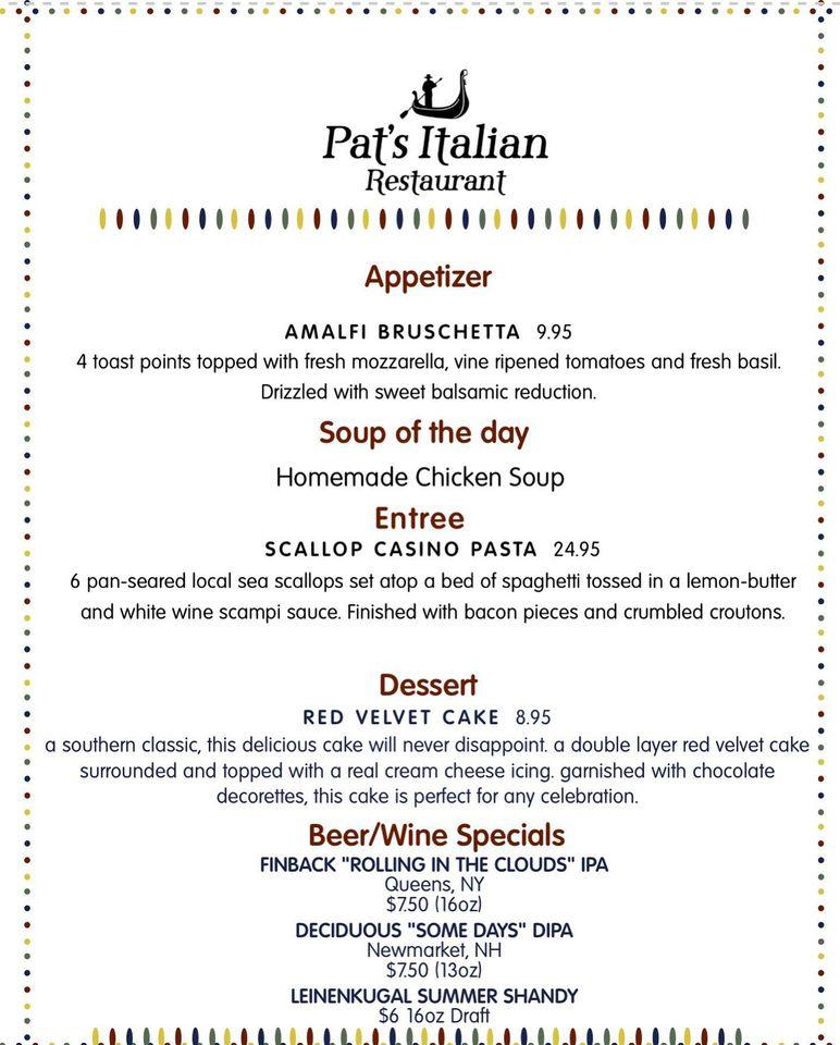 Menu at Pat's Italian Johnston restaurant, Johnston