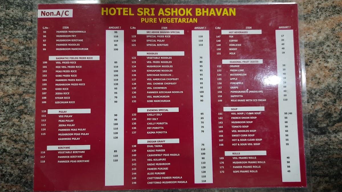 Menu at Sri Ashok Bhavan, Palakkad