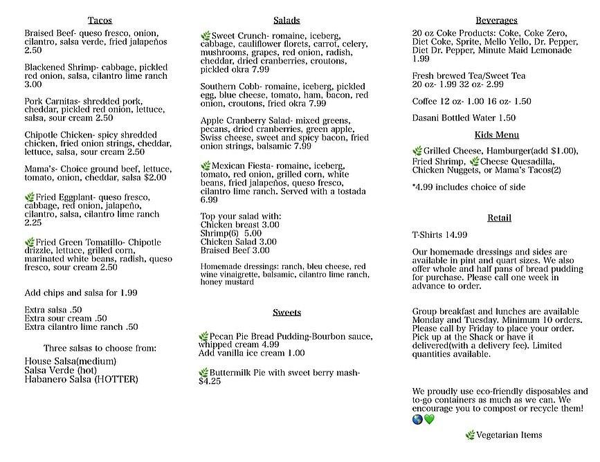 Menu at The Shoals Shack restaurant, Florence