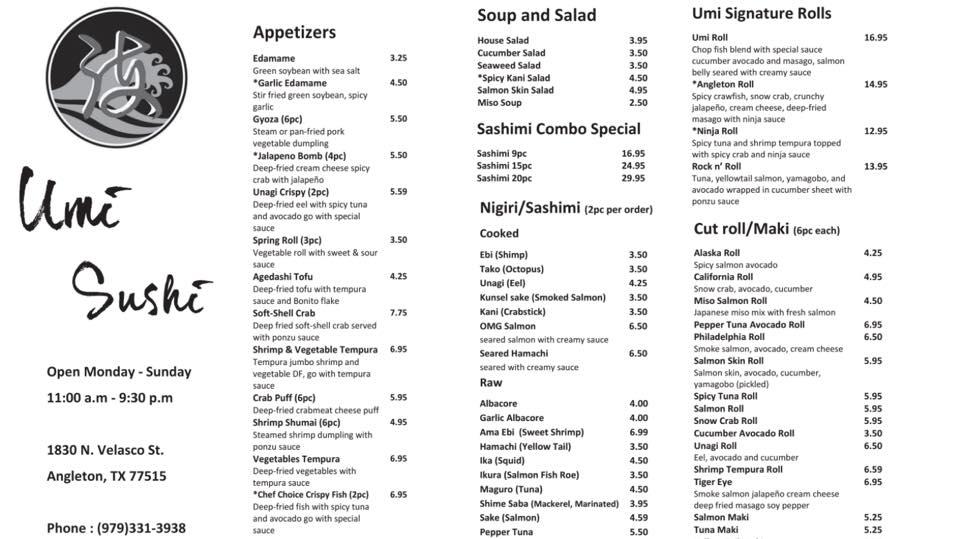 Menu at Umi Sushi restaurant, Angleton
