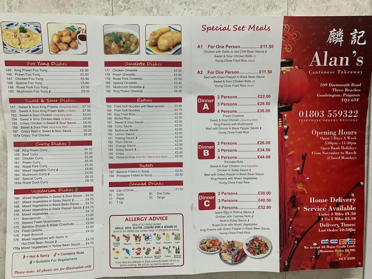 Menu at Alan's Cantonese Takeaway fast food, Paignton