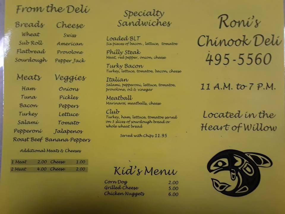 Menu at Roni's Chinook Deli & Pizza pizzeria, Willow