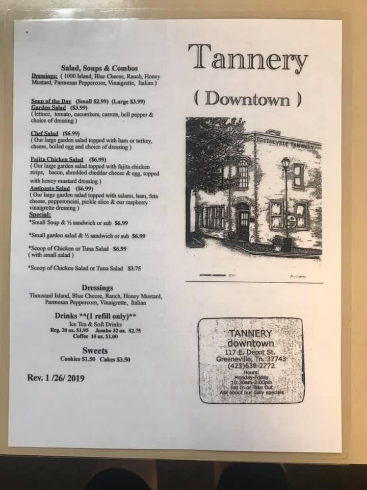 Menu at Tannery Downtown restaurant, Greeneville, 117 E Depot St