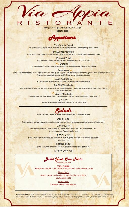 Menu at Via Appia Ristorante restaurant, Wilbraham