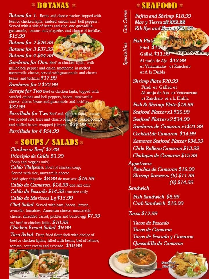 Menu at Zamoras' Restaurant, McAllen, N 23rd St