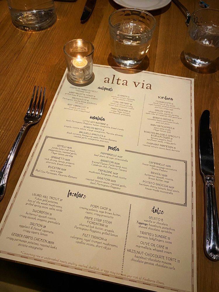 Menu at Alta Via restaurant, Pittsburgh, 46 Fox Chapel Rd