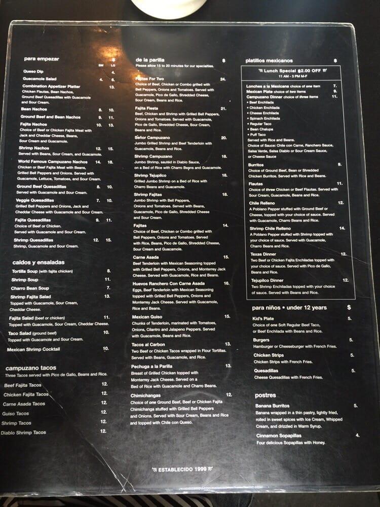 Menu at Campuzano Mexican Food restaurant, Cedar Hill, 213 W Belt Line Rd