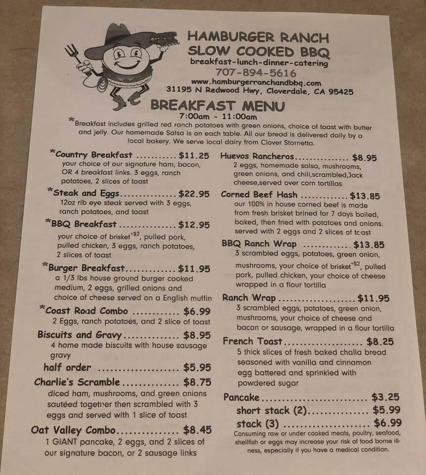 Menu at Hamburger Ranch and BBQ, Cloverdale
