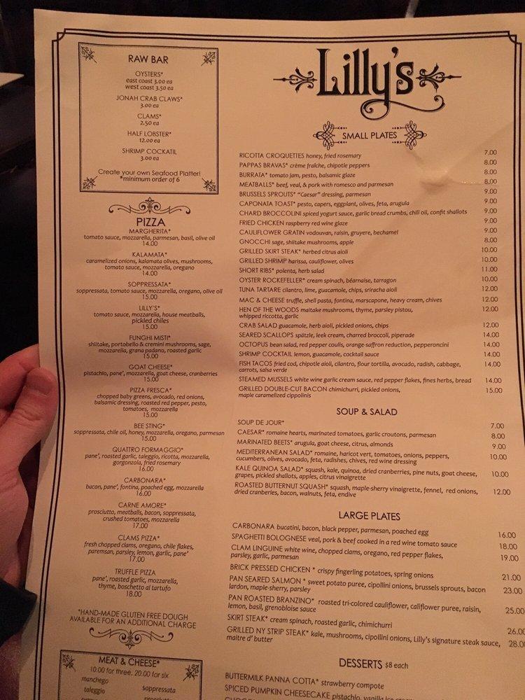 Menu at Lilly's restaurant, White Plains