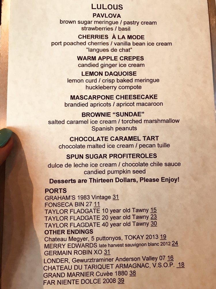 Menu at Lulou's restaurant, Reno