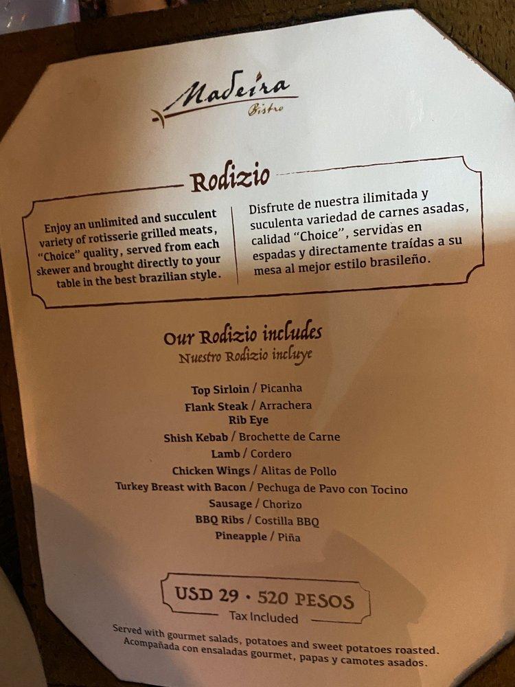 Menu at Madeira Bistro Brazilian Steakhouse, Cabo San Lucas