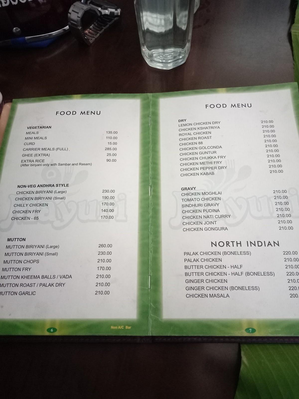 Menu at Mayuri JC Road, Bengaluru