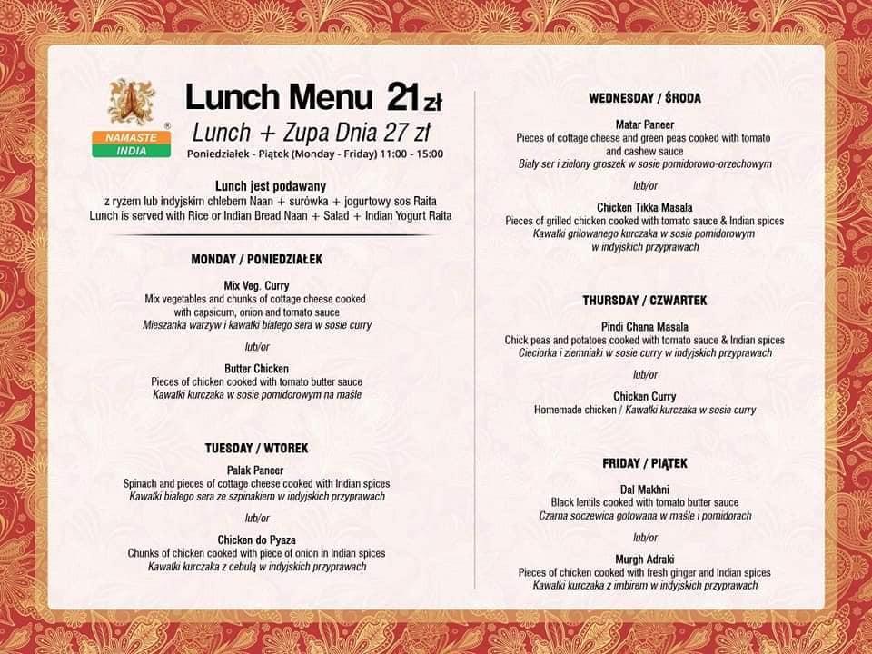 Menu at Namaste India restaurant, Warsaw, Nowogrodzka 15