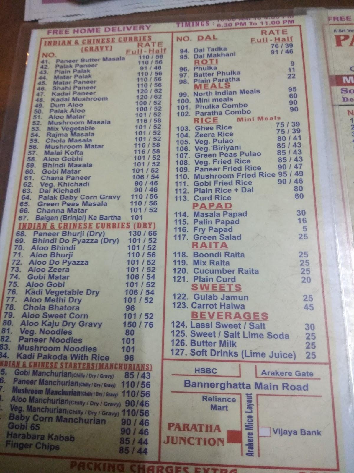 Menu at Paratha Junction, Bengaluru, Govind Reddy Layout Road