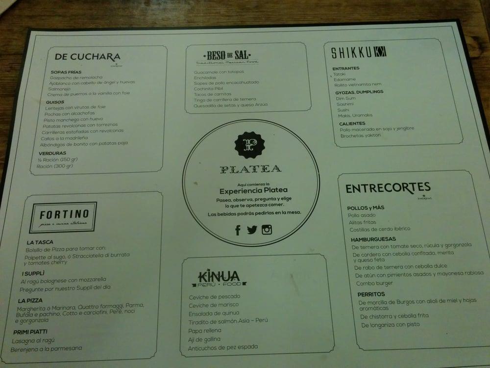 Menu at Platea Madrid pub & bar, Madrid