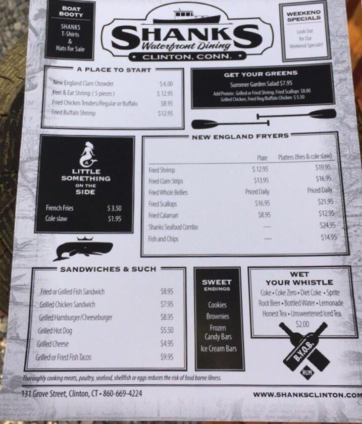 Menu at Shanks Waterfront Dining restaurant, Clinton