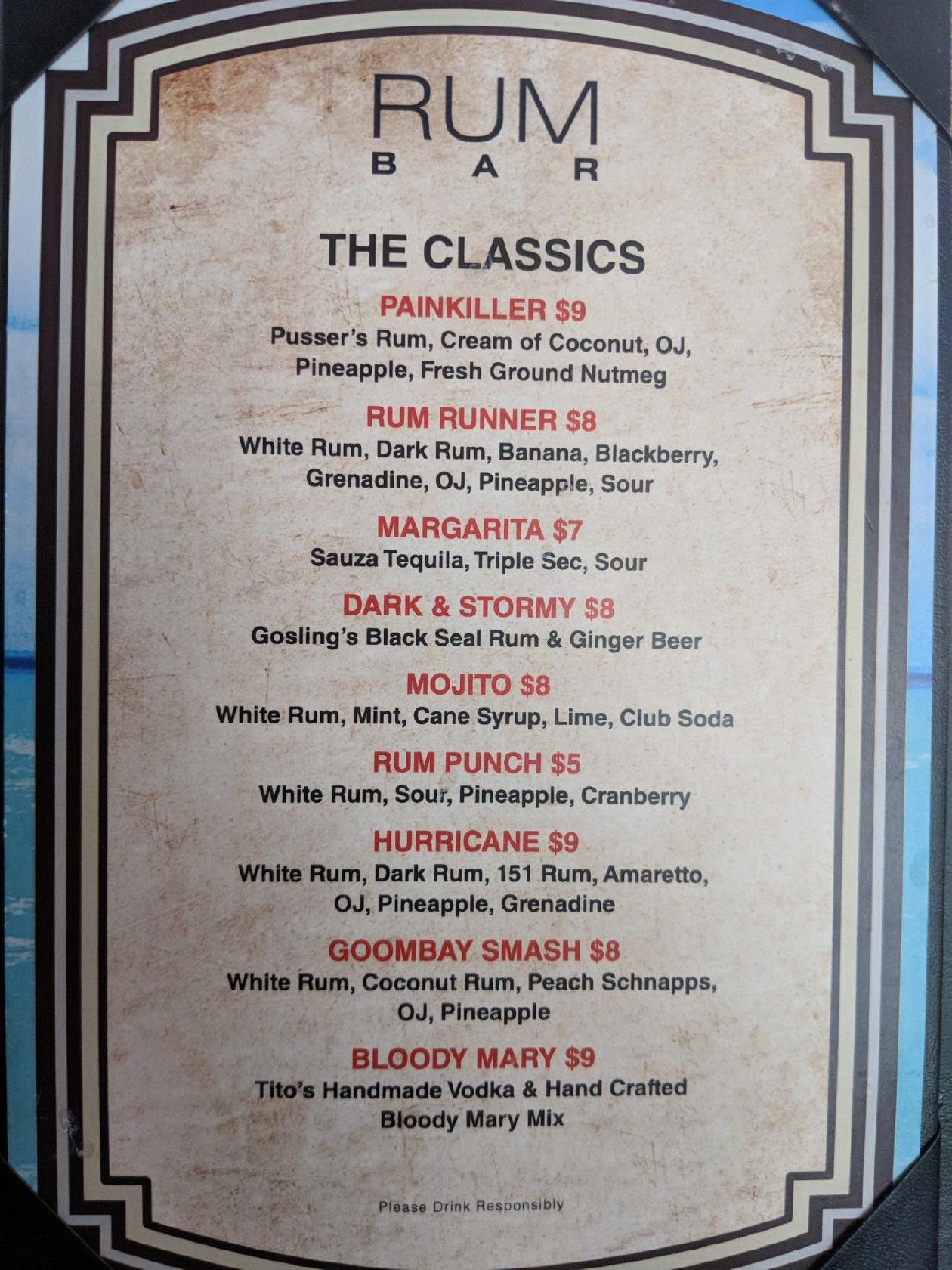 Menu at The Rum Bar, Key West