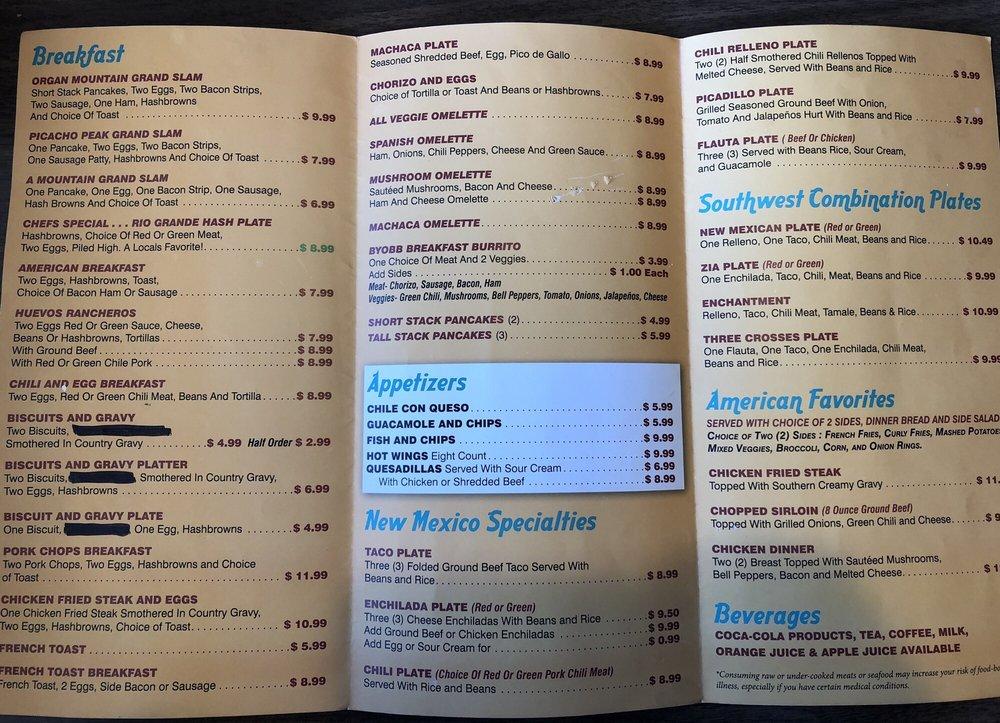 Menu at Zia Cafe, Las Cruces