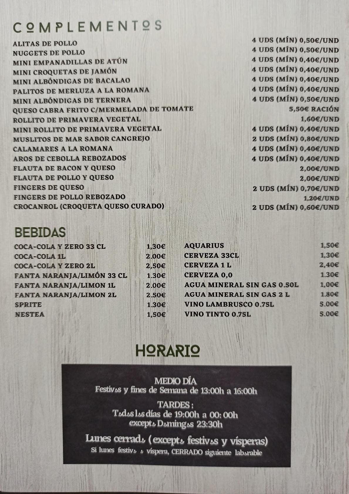 Menu at Canal Pizza restaurant, Novelda