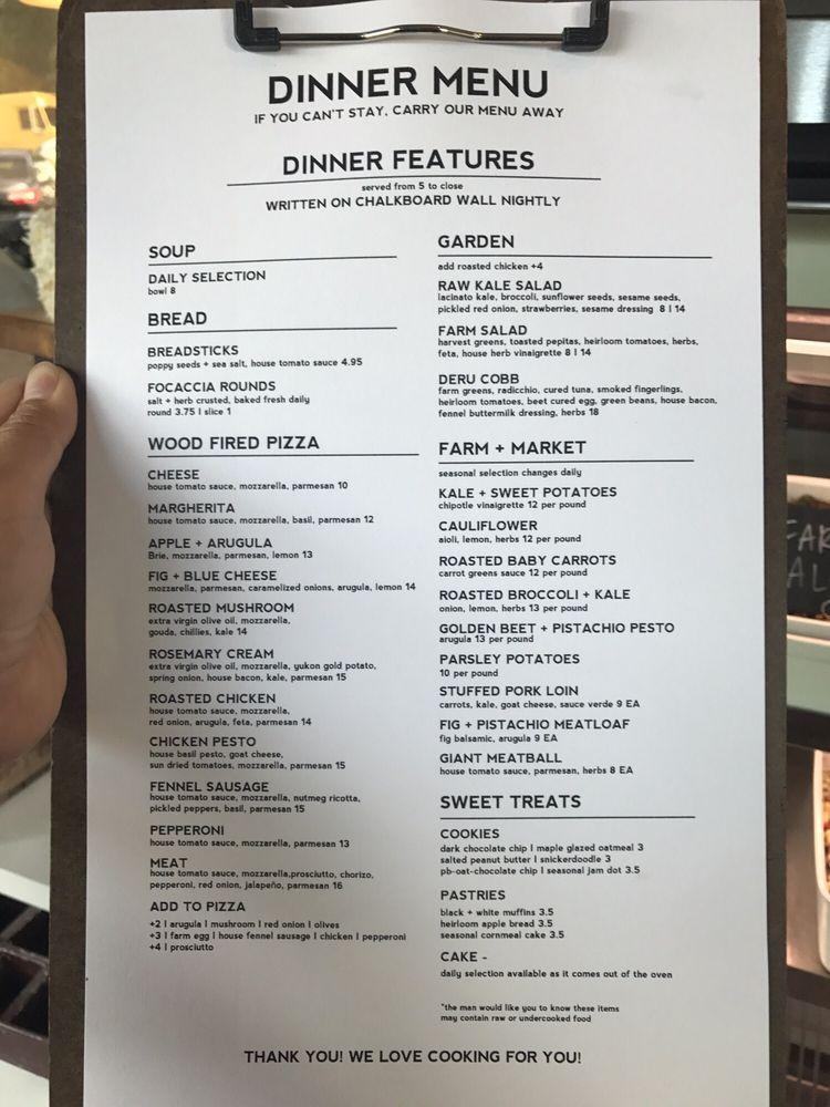 Menu at DERU pizzeria, Kirkland