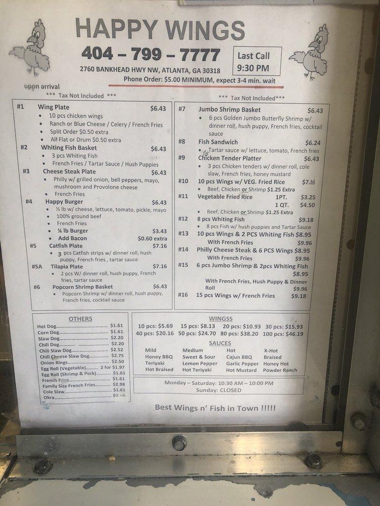 Menu at Happy Wings restaurant, Atlanta, Donald Lee Hollowell Pkwy NW