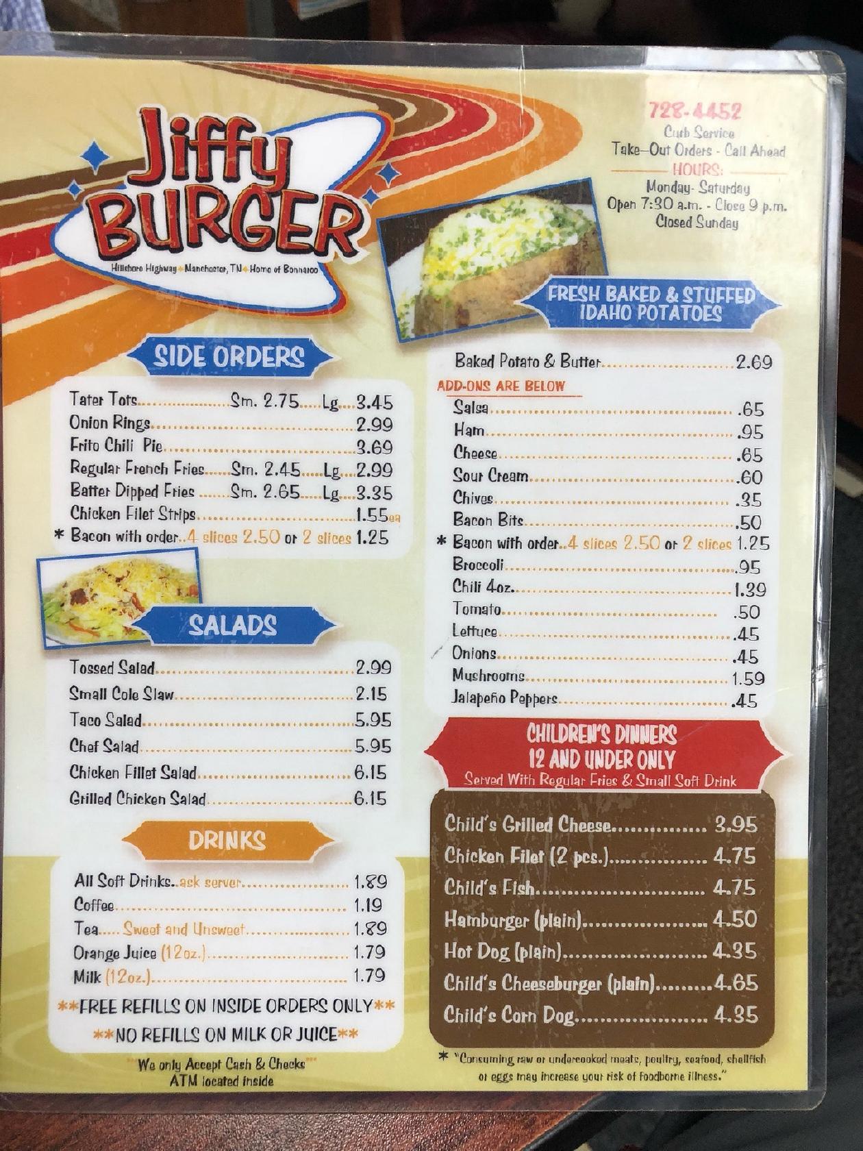 Menu at Jiffy Burger restaurant, Manchester