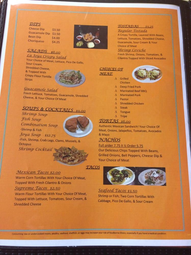 Menu at La Joya restaurant, Dublin
