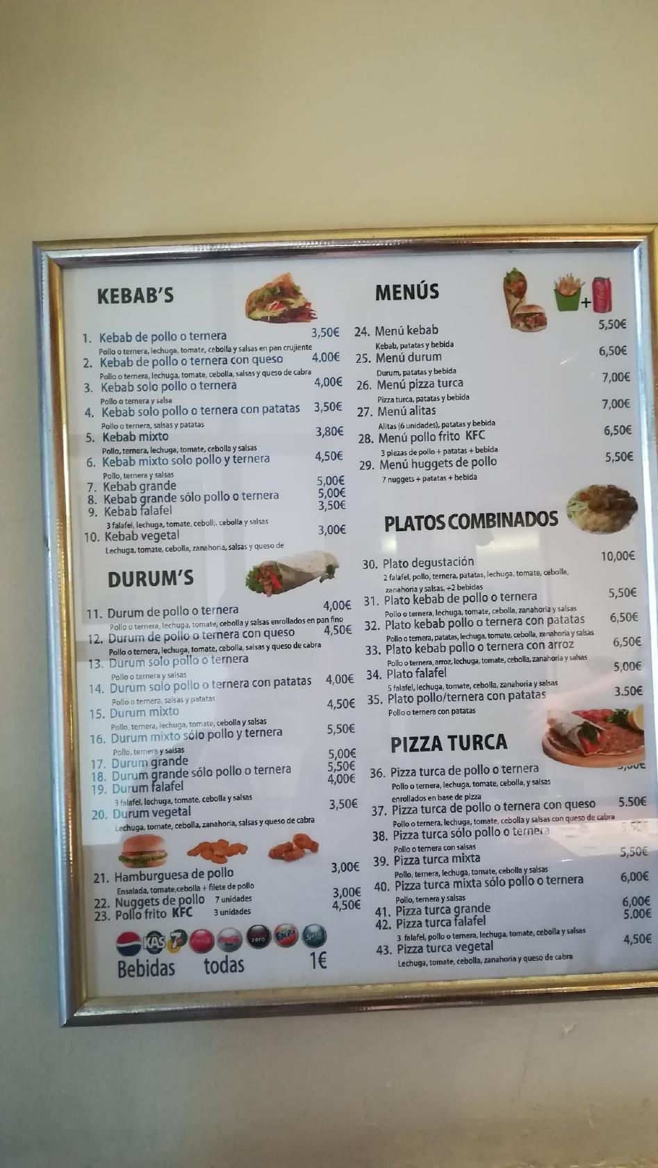 Carta del restaurante Qasim's kebab, San Sebastián
