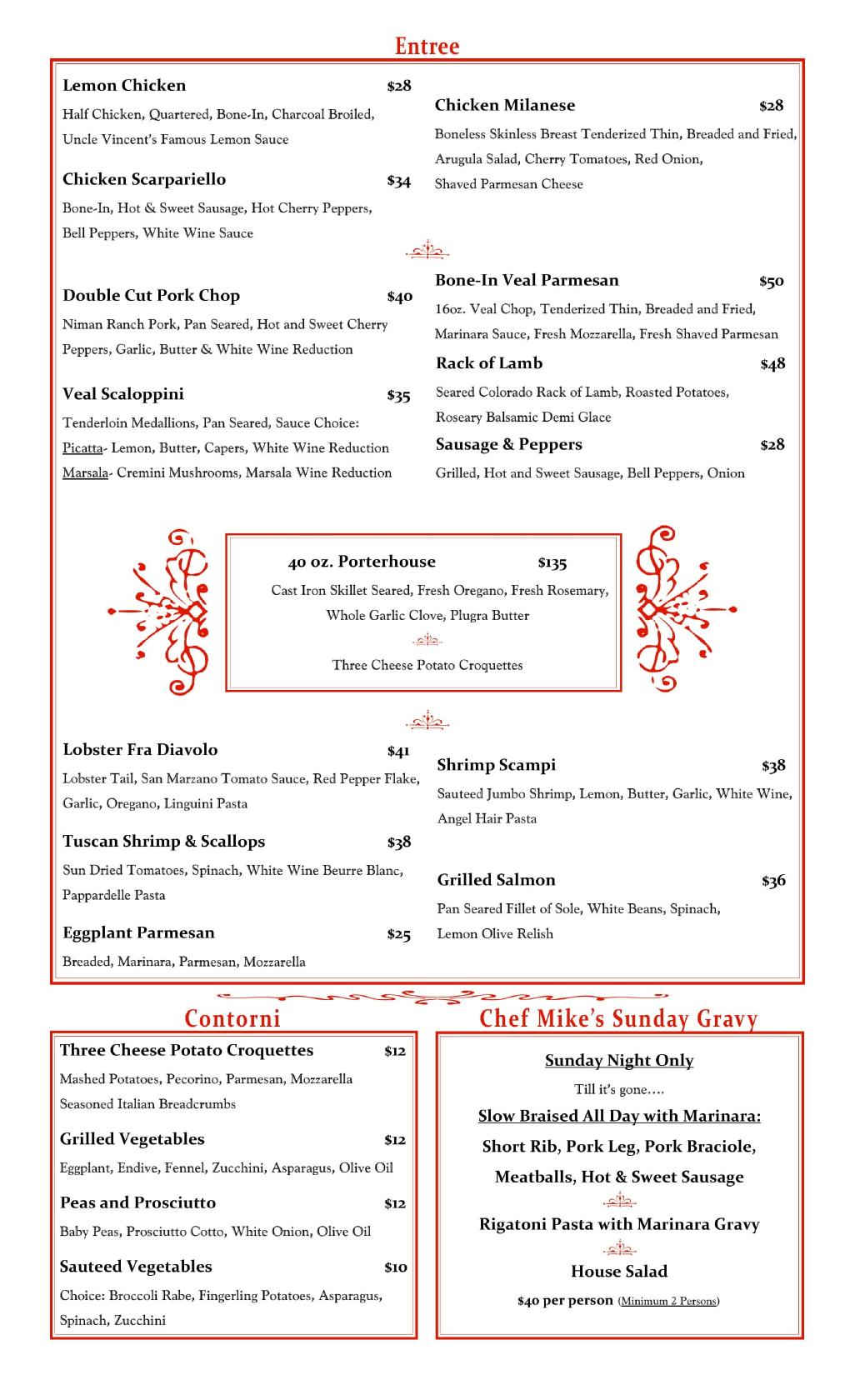 Menu at Rao's restaurant, Los Angeles