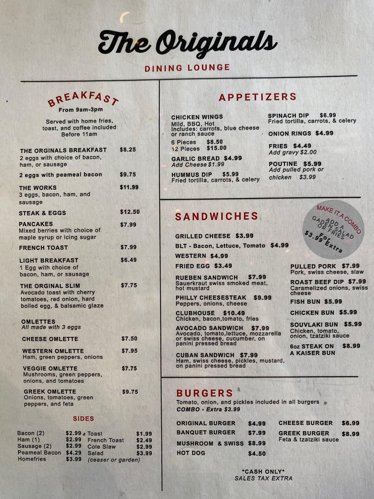 Menu at The Originals Dining Lounge restaurant, Toronto
