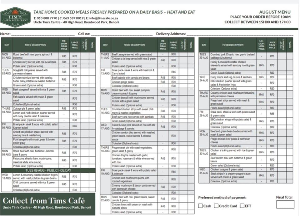Menu at Tim’s Cafe, Benoni