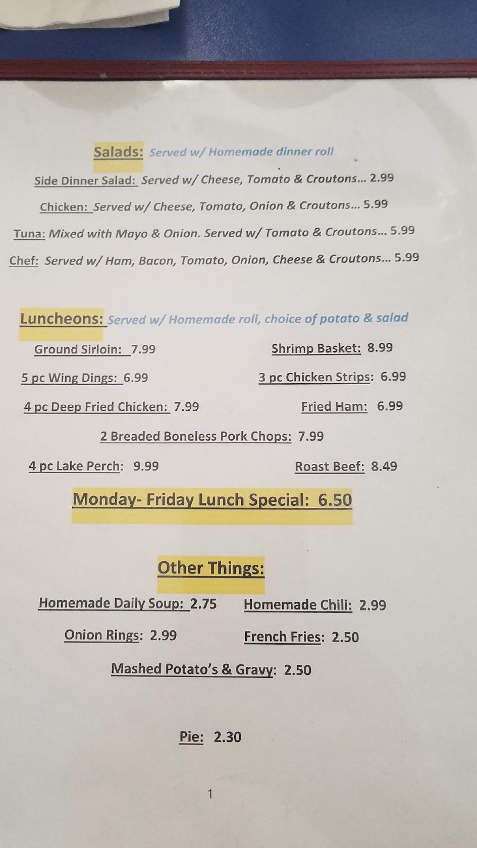 Menu at Walt's Restaurant, Caseville
