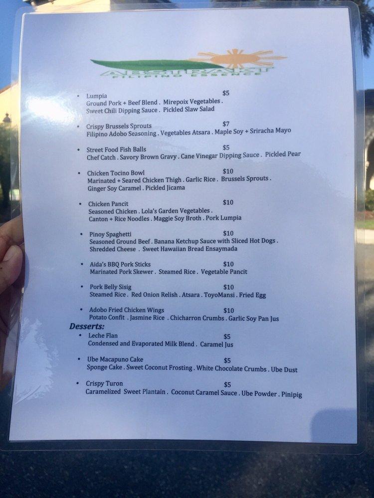 Menu at Abstrakt Filipino Essence restaurant, Jacksonville, Southside Blvd