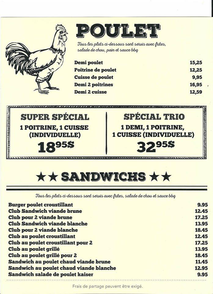 Menu au Coq-o-bec rock forest restaurant, Sherbrooke