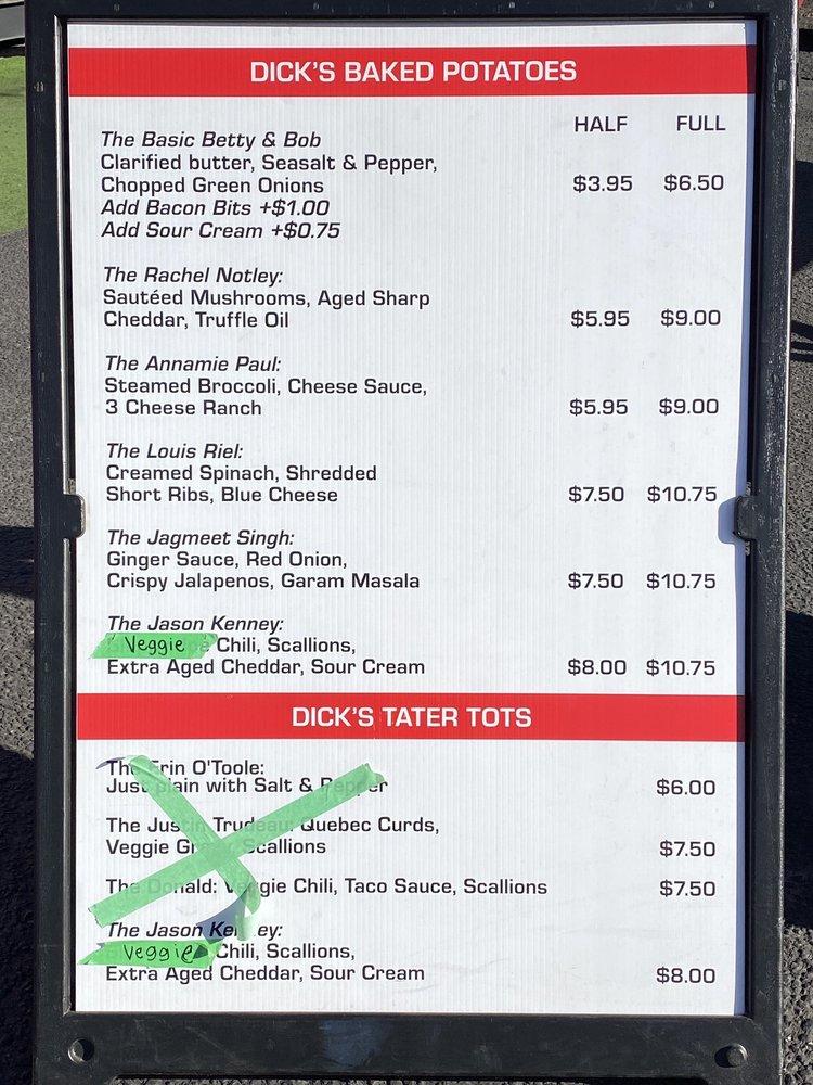 Menu at Dick's Tater Ship restaurant, Edmonton