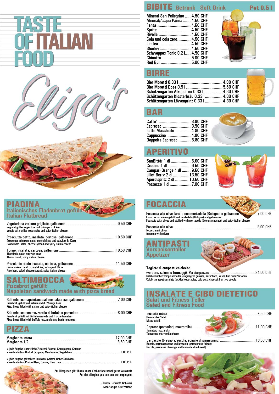 Menu at Elisas taste of Italianfood restaurant, Vaduz