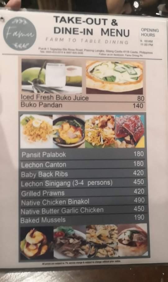 Menu at Famu Filipino Farm to Table restaurant, Silang