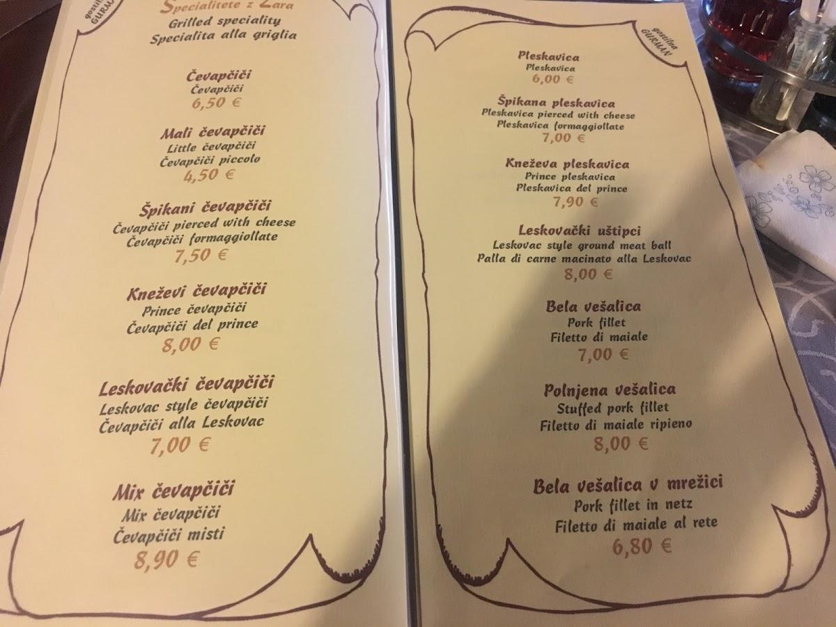 Menu at Gostilna Gurman restaurant, Ljubljana
