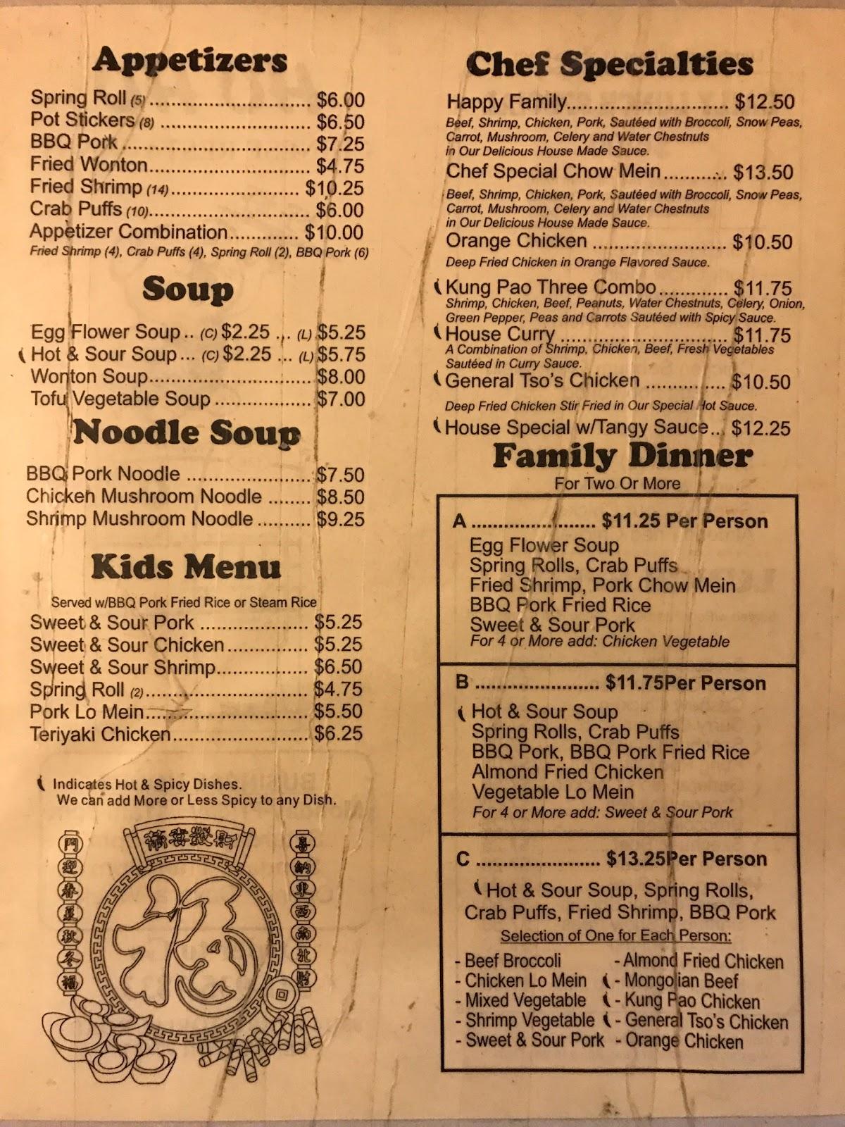 Carta de Ho Ho Chinese Restaurant, Veneta