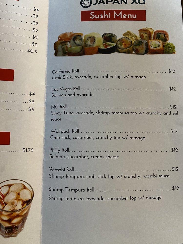Menu at Japan XO restaurant, Raleigh