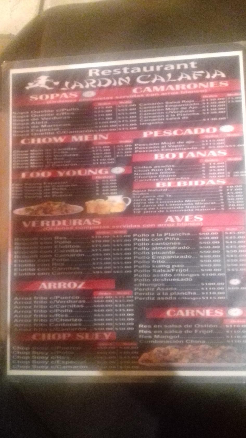 Carta de Jardin Calafia Restaurant Comida China, Mexicali