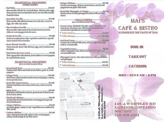Menu at Mai's Café & Bistro, London