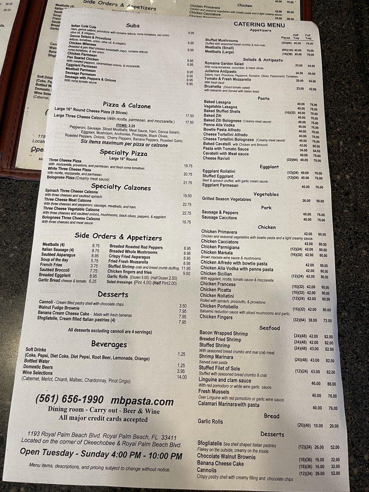 Menu at Mario Bros Gourmet Pasta Restaurant, Royal Palm Beach