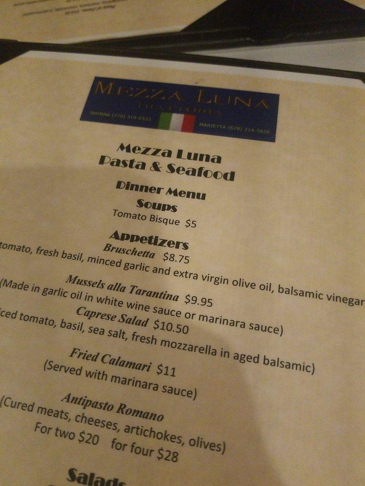 Menu at Mezza Luna Pasta and Seafood pub & bar, Smyrna