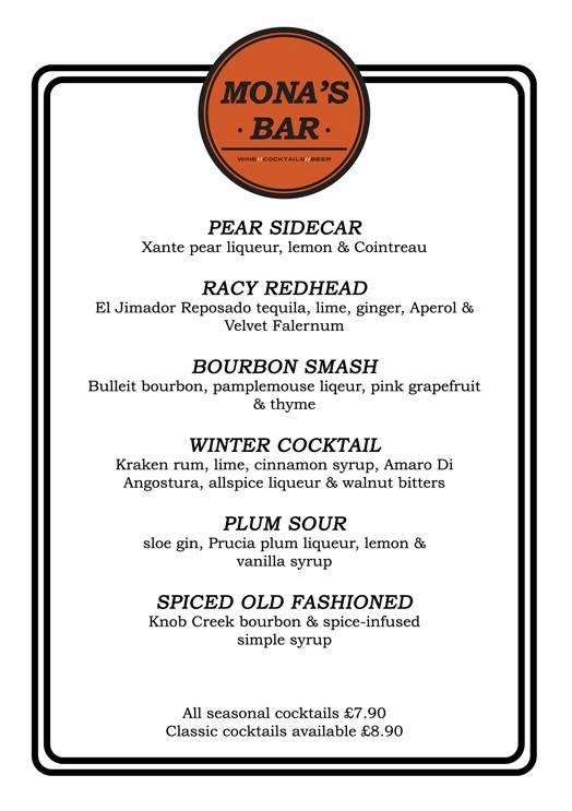 Menu at Mona's Bar, London