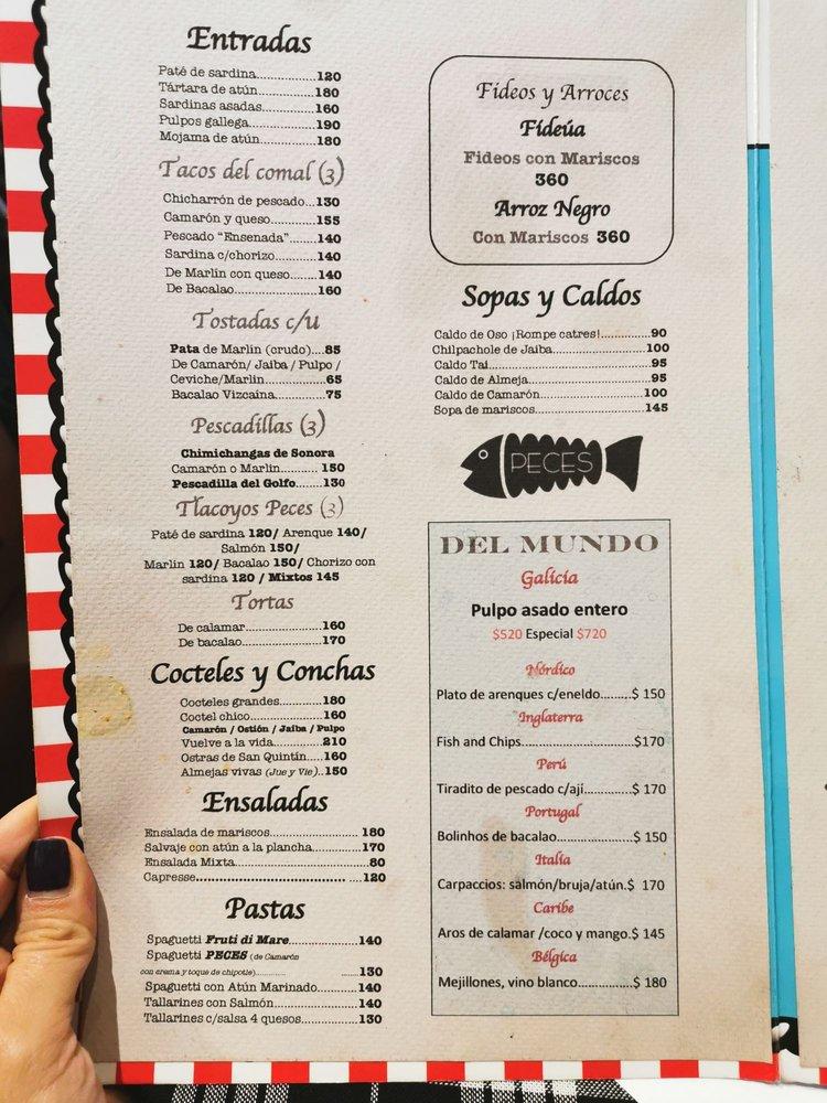 Menu at Peces restaurant, Mexico City, Jalapa 237