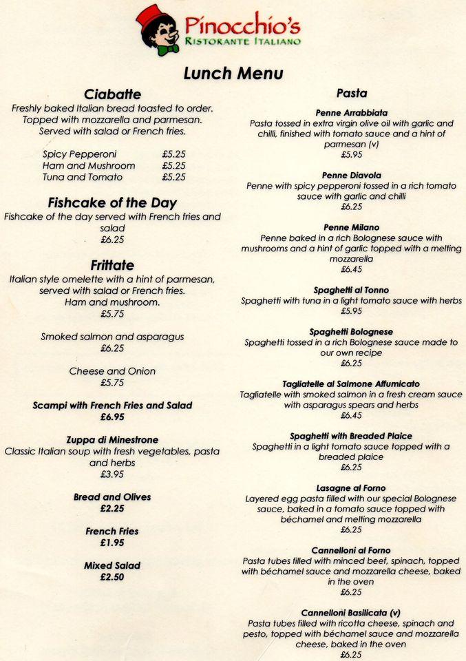 Menu at Pinocchios Ristorante Italiano restaurant, Barnsley